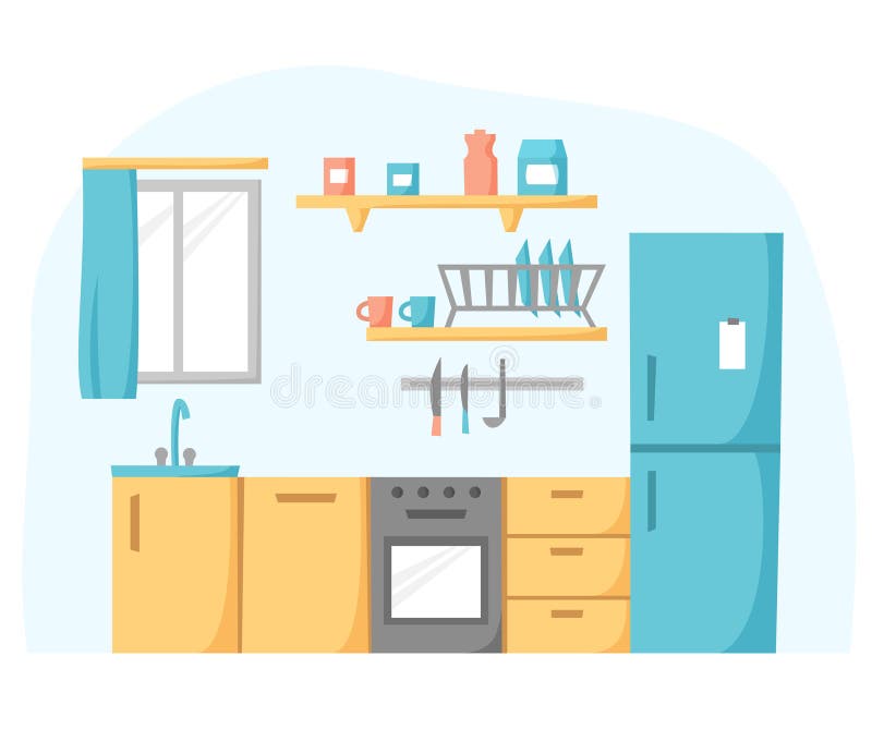 Kitchen in Flat Design, Cook Room Concept, Kitchen Unit with ...