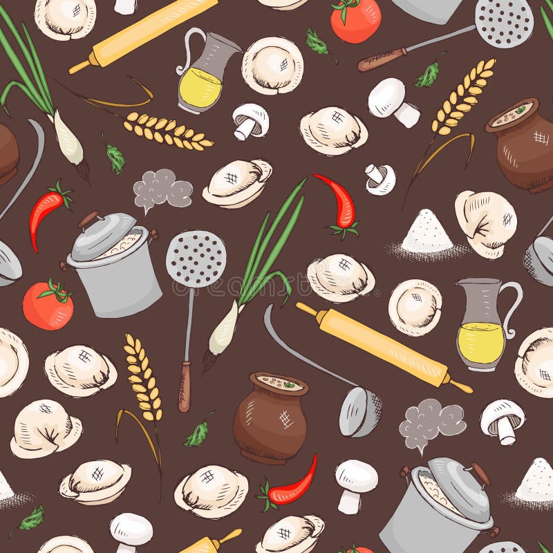 Kitchen and Food Seamless Vector Pattern Stock Vector - Illustration of ...