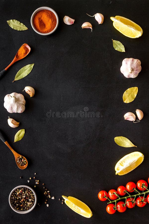 Kitchen Frame with Spices and Food - Pepper, Garlic, Cherry Tomatoes ...