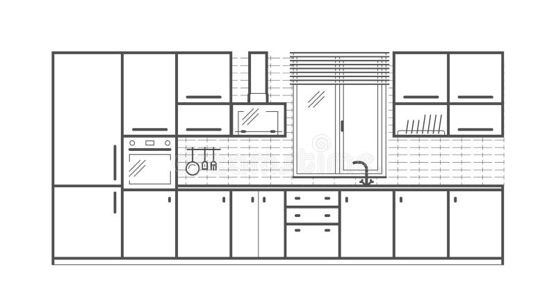 Kitchen Furniture Front View in Linear Style. Vector Illustration Stock ...