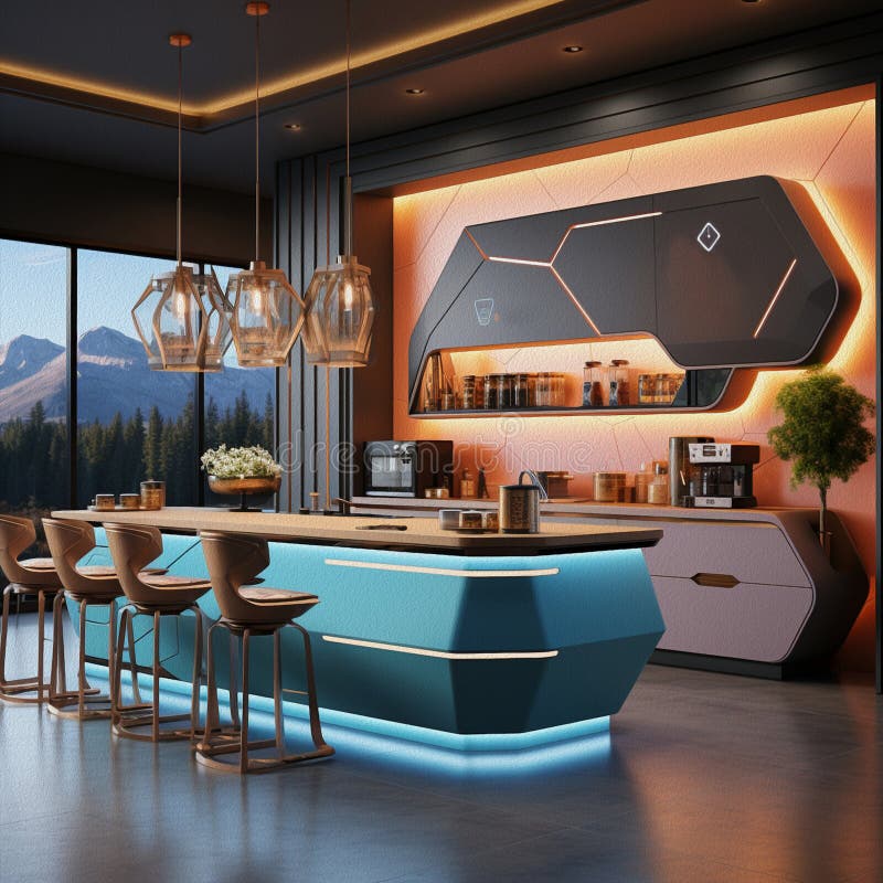 Kitchen of the Future. Futuristic Bar Counter. Modern Kitchen Interior ...