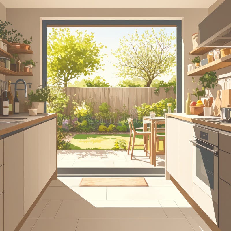 Kitchen with Garden View Illustration Stock Illustration - Illustration ...