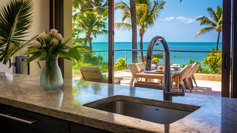 A Kitchen with a Granite Countertop and an Open View of the Sea and ...