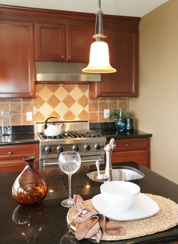 Kitchen Granite Countertop with Plate and Glass. Stock Image - Image of ...