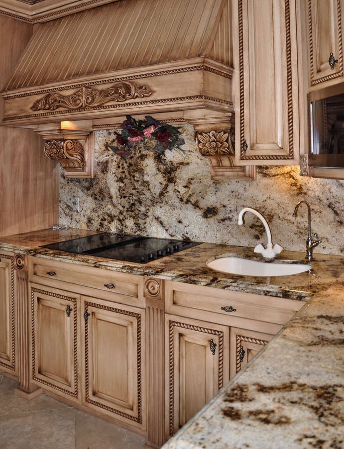 Kitchen Granite Range and Hood Design Stock Photo - Image of home, sink ...