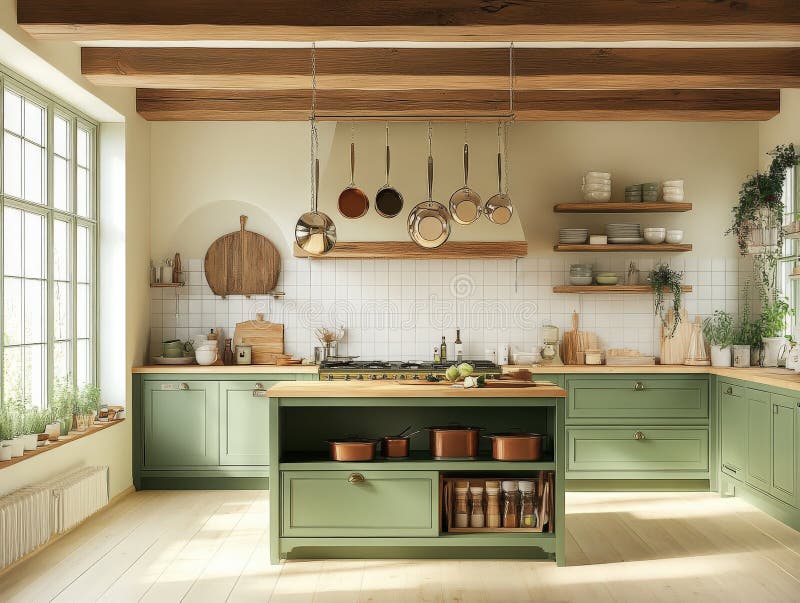 A Kitchen with Green Cabinets, White Counters, and a Pot Cooking Stock ...