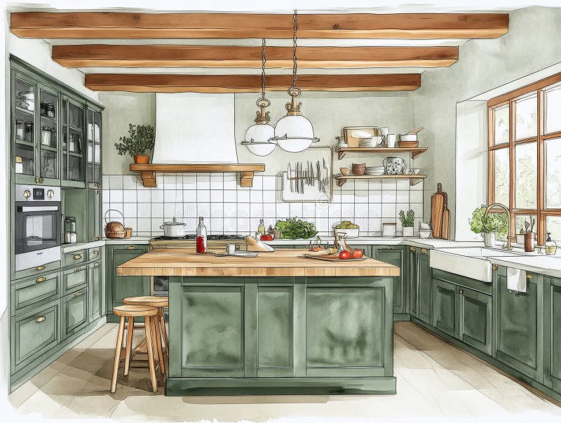 A Kitchen with Green Cabinets, White Counters, and a Pot Cooking Stock ...