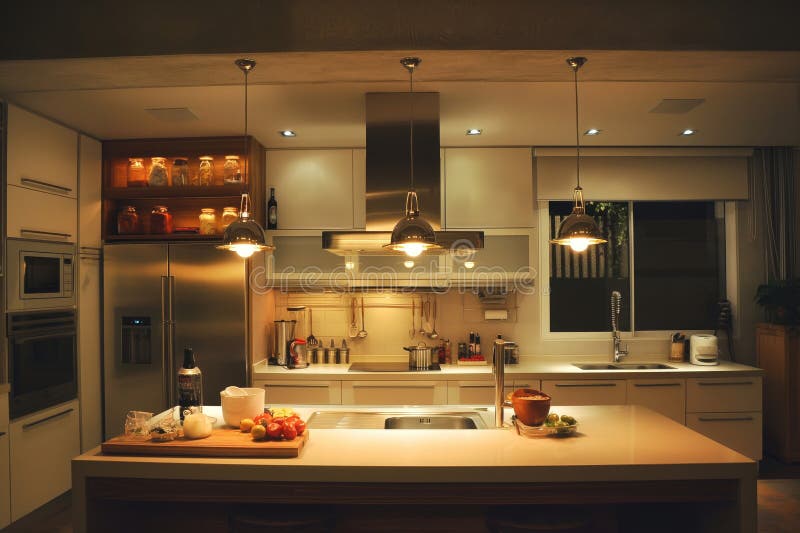 The Kitchen Has a Huge Center Island with Lots of Cabinets Stock Photo ...