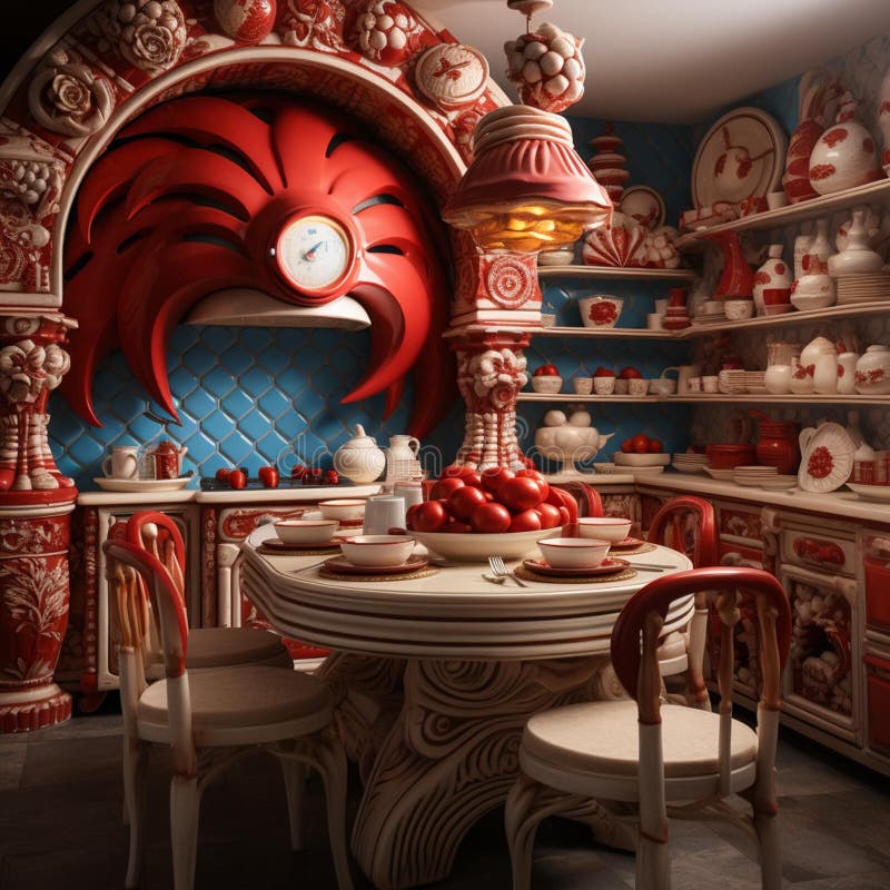 A Kitchen that Has an Odd Shaped Table in it by the Counter Stock ...