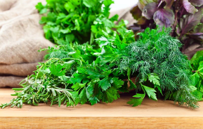 Kitchen Herbs on Wooden Table Stock Image - Image of refreshment ...