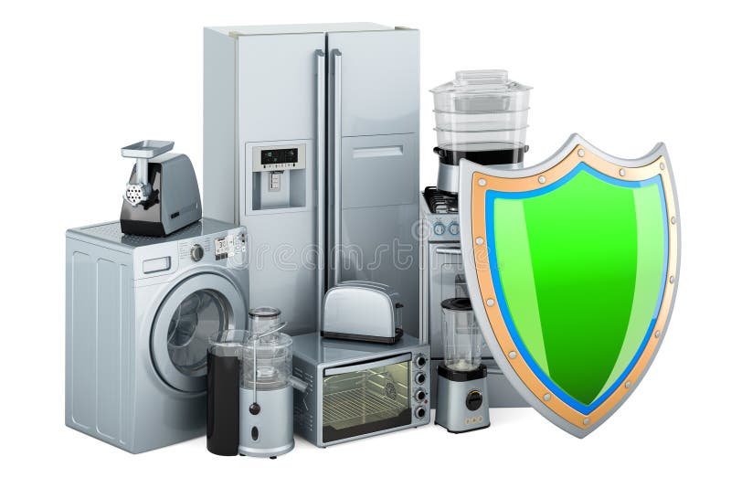 Kitchen and Home Appliance with Shield, 3D Rendering Stock Illustration ...