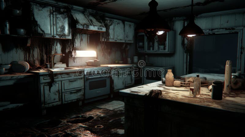 Horror Game in Unreal Engine 5: Dark Brown and White Disused Kitchen ...