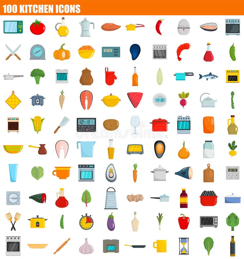 100 Kitchen Icon Set, Flat Style Stock Vector - Illustration of graphic ...