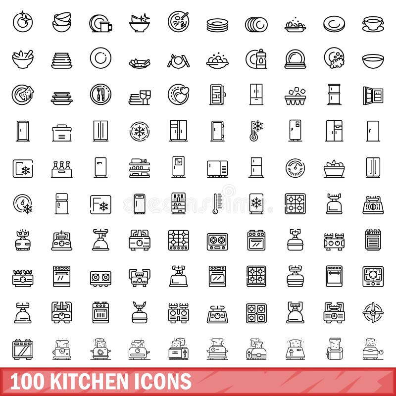 100 Kitchen Icons Set, Outline Style Stock Vector - Illustration of ...