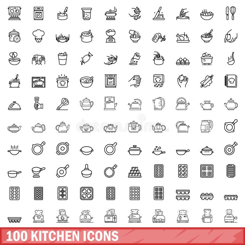 100 Kitchen Icons Set, Outline Style Stock Illustration - Illustration ...