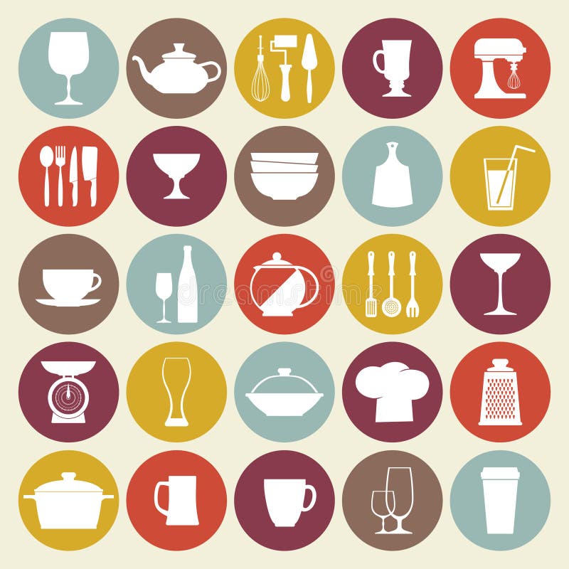 Vintage Kitchen Dishes Icons Set Stock Vector - Illustration of plate ...