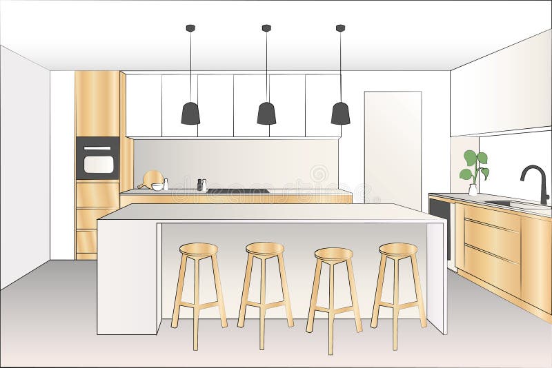 Kitchen Illustration, Interior Sketch Drawing Stock Illustration ...