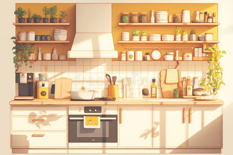 Kitchen Illustration with Open Shelves, White Cabinets, and Sunlight ...