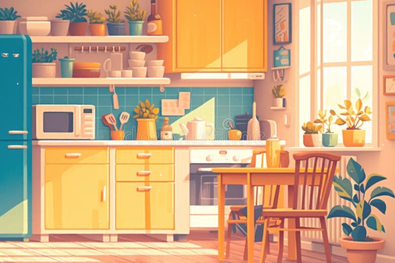 Kitchen Illustration with Yellow Cabinets and Sunlight Stock ...