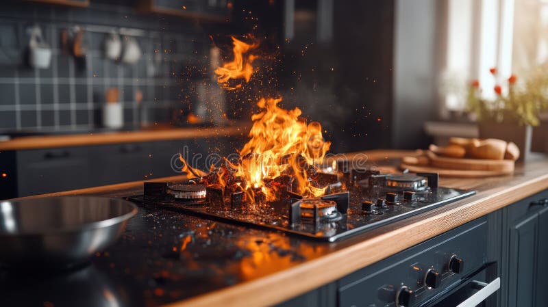 Kitchen Inferno a Dramatic Fire on a Modern Gas Stove Sparkling and ...