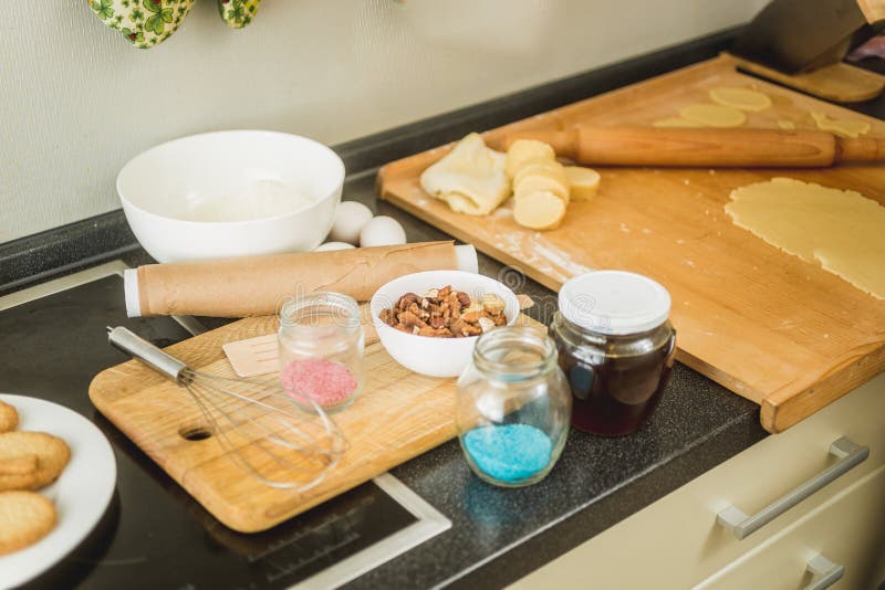 Kitchen with Ingredients for Baking Lying on Working Table Stock Image ...