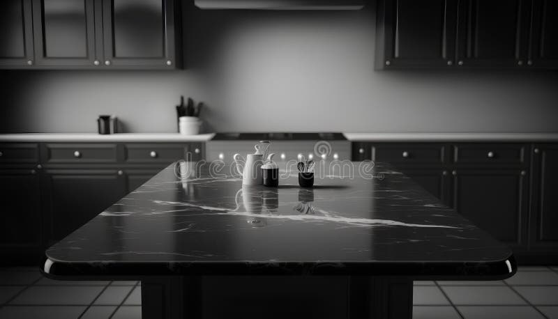 Kitchen Interior with Black Granite Countertop. 3d Render Stock ...
