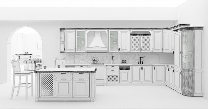 Kitchen Interior 3D Rendering Top View Stock Illustration ...