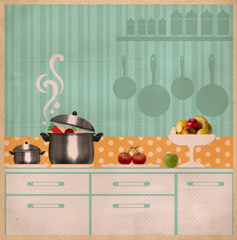 Kitchen Interior Collage.Retro Card on Old Paper Stock Illustration ...