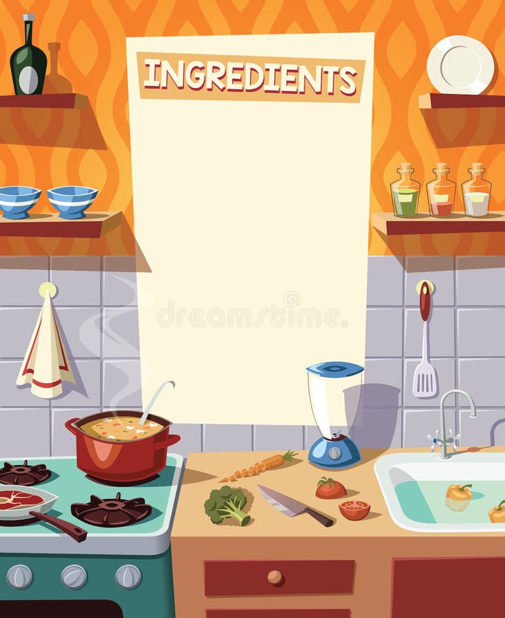 Kitchen Interior and Cooking Ingredients Illustration Stock ...