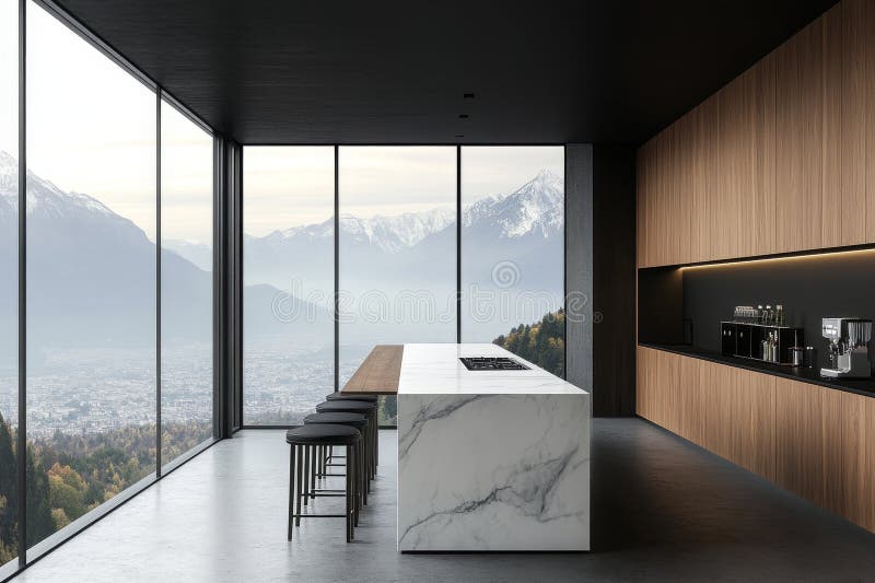 Kitchen Interior with Cooking Space and Bar Island Near Window Stock ...