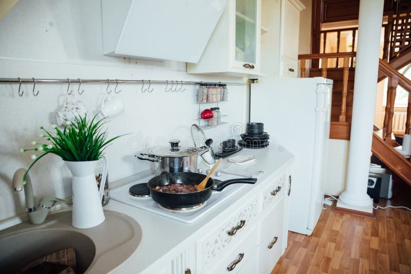 Kitchen Interior for Cooking on the Stove Stock Image - Image of clean ...