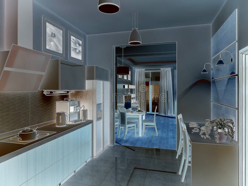 Kitchen Interior. 3d Illustration, Render. Stock Photo - Image of ...