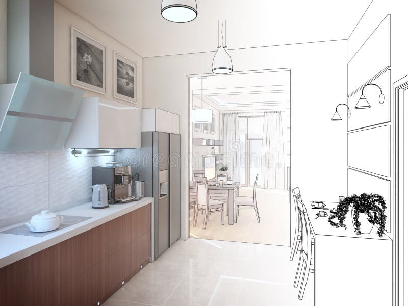 Kitchen Interior. 3d Illustration, Render. Stock Photo - Image of house ...