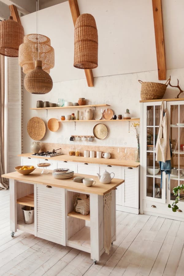 Empty Rustic Kitchen Room Background with Dining Table, Vertical Shot ...