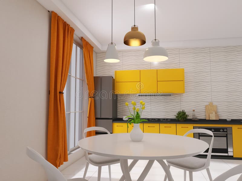 Kitchen Interior Design 3d Render, 3d Illustration Stock Illustration ...