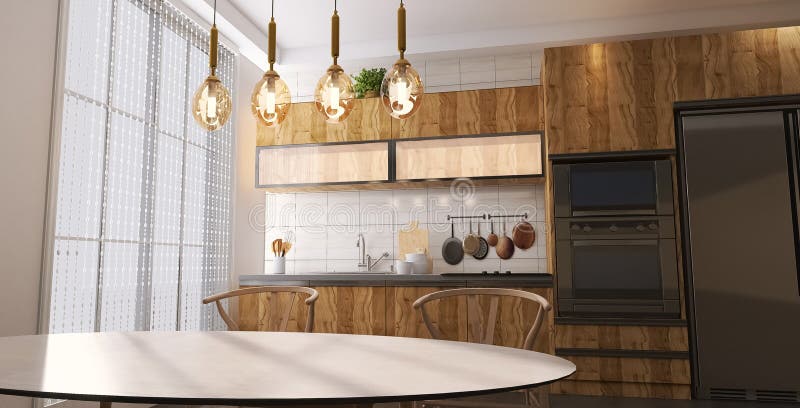 Kitchen Interior Design 3d Render, Modern Style Light Apartment ...