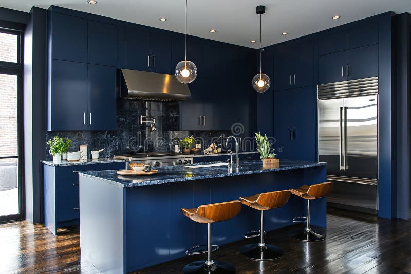 Kitchen Interior Design Idea with Deep Navy Blue Color. Bar Stools at ...