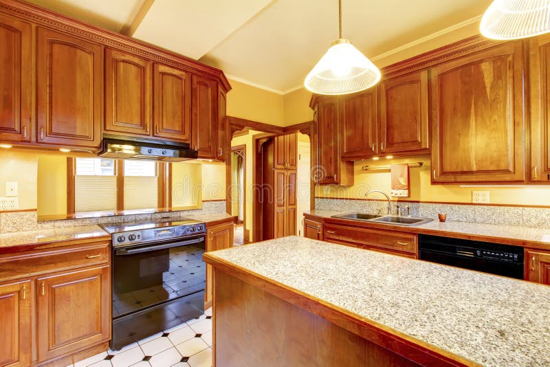 Kitchen Interior Design with Island, Granite Countertop and Tile Stock ...