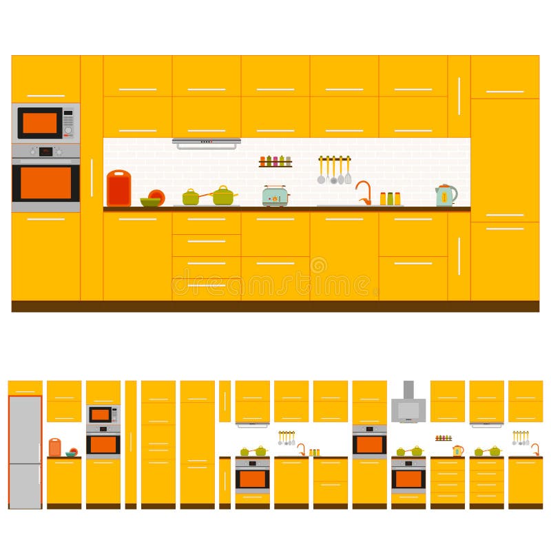 Kitchen Interior Design Set. Front View. Vector Illustration. Stock ...