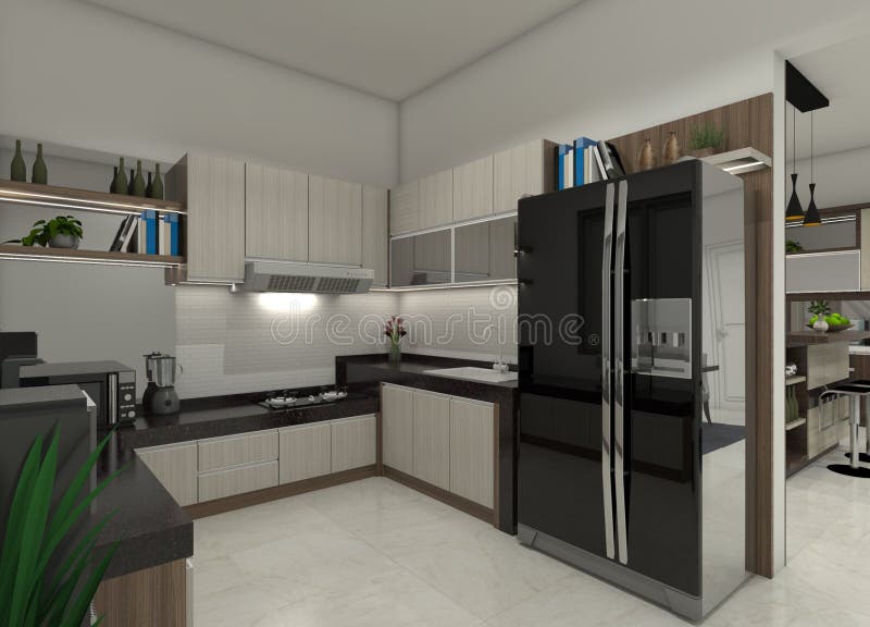 Kitchen Interior Design with Storage Cabinets and Refrigerator Space ...