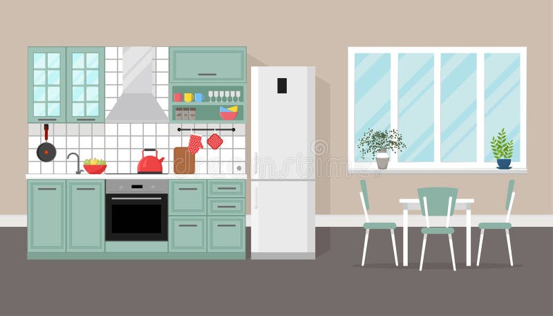 Kitchen Interior with Dining Area, Flat Style, Vector Graphic Design ...