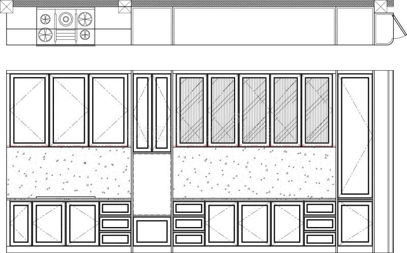 Kitchen Interior Drawing Vector Counter Front, Wall Cabinets, Fridge ...