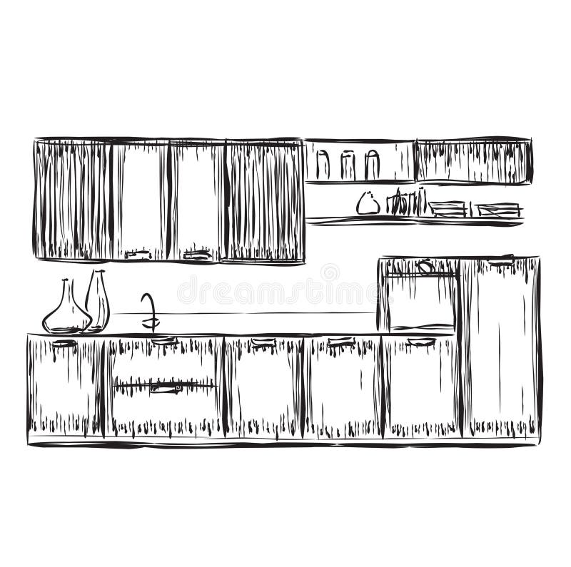 Kitchen Interior Drawing, Vector Illustration. Dinner Table Sketch ...