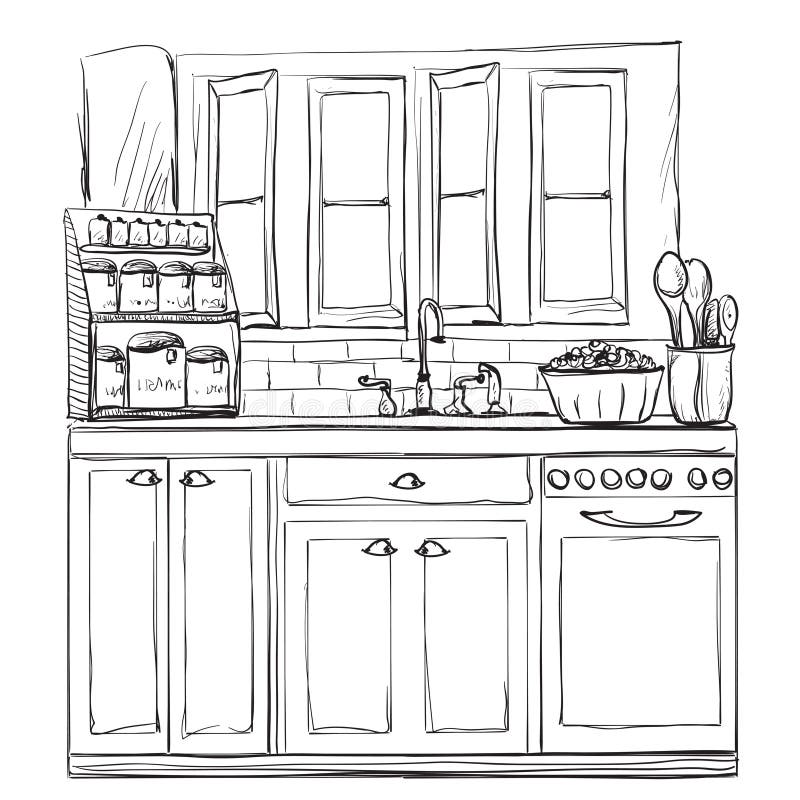 Kitchen Interior Drawing, Vector Illustration. Dinner Table Sketch ...
