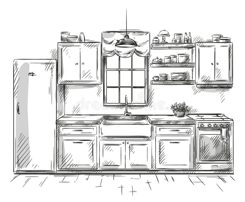 Kitchen Interior Drawing, Vector Illustration Stock Vector ...