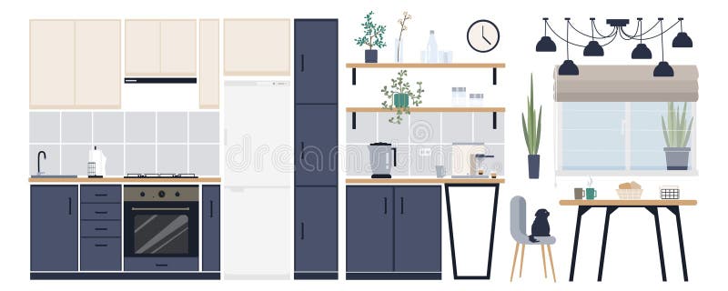 Kitchen Interior Elements Constructor Mega Set in Flat Graphic Design ...