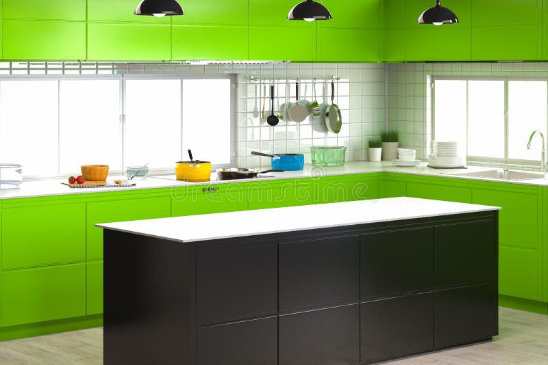 Kitchen Interior with Empty Counter Stock Photo - Image of items, green ...