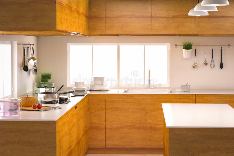 Kitchen Interior with Empty Counter Stock Image - Image of cabinets ...