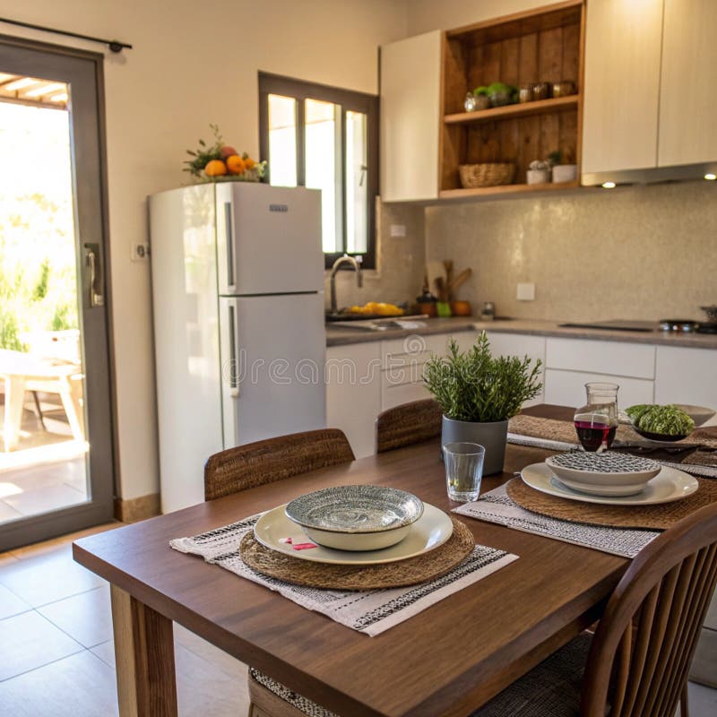 Dining Table in Kitchen with Fridge and Counter Stock Image - Image of ...