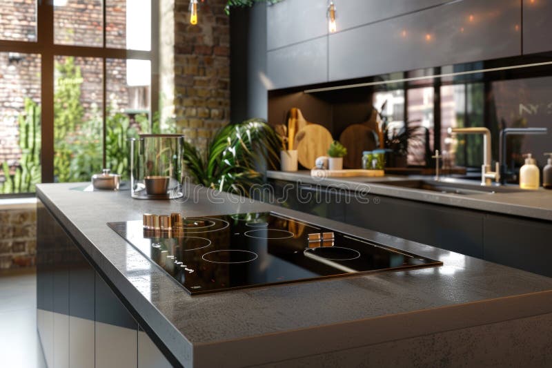 A Kitchen Interior Featuring a Modern Stove Top and Large Window ...
